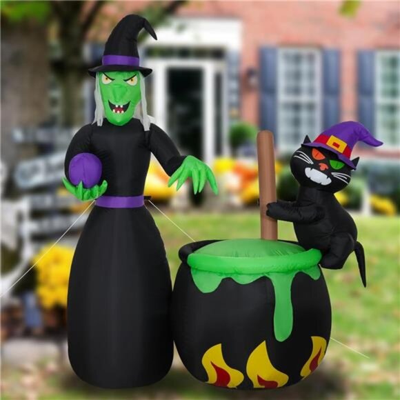 Holiday | 6ft Halloween Inflatable Witch Around Cauldron And Black Cat ...